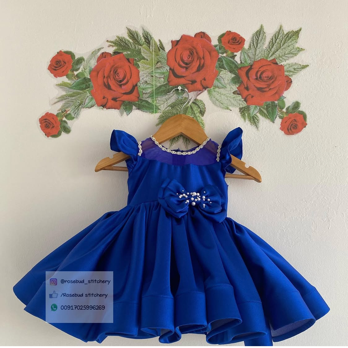 Royal blue satin frock - Rosebud Stitchery | Customized Kids Wear Boutique