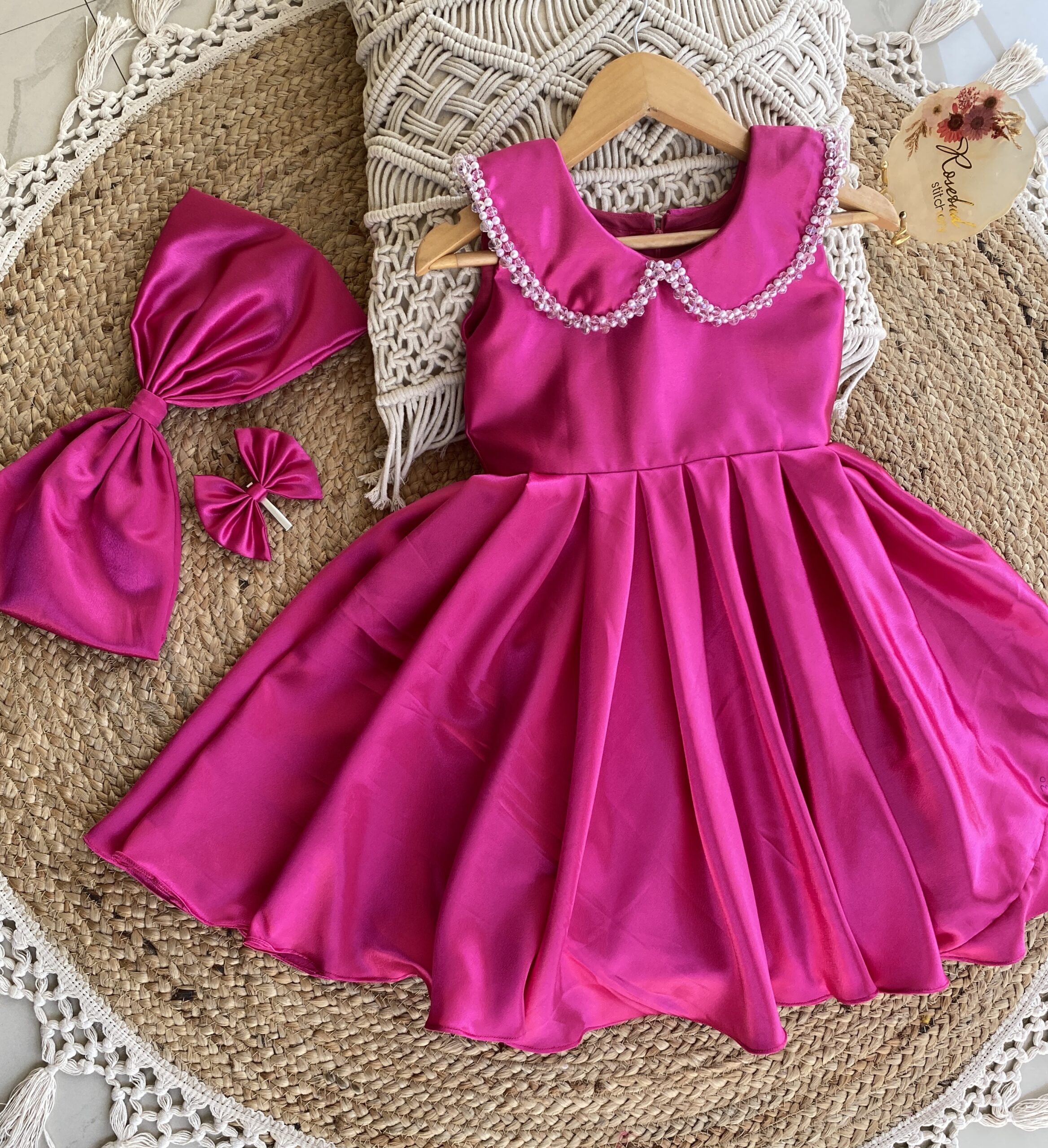 Hot pink satin frock - Rosebud Stitchery | Customized Kids Wear Boutique
